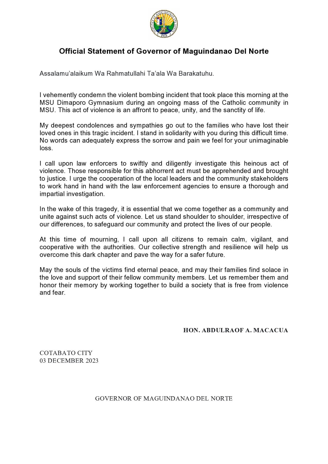 Official Statement of Governor of Maguindanao Del Norte Abdulraof “Gob ...