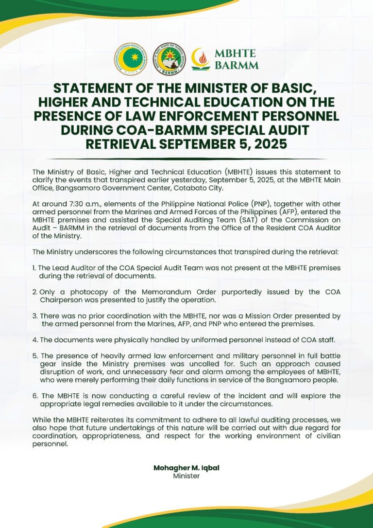 Pahayag ng MBHTE Hinggil sa Presensya ng mga Law Enforcement Personnel ...